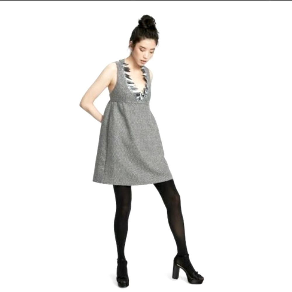 Anna Sui Tweed Metallic Boucle Apron Halter Dress - Gem